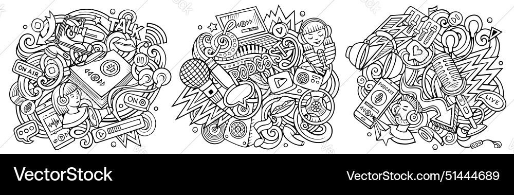Audio content cartoon doodle designs set Vector Image