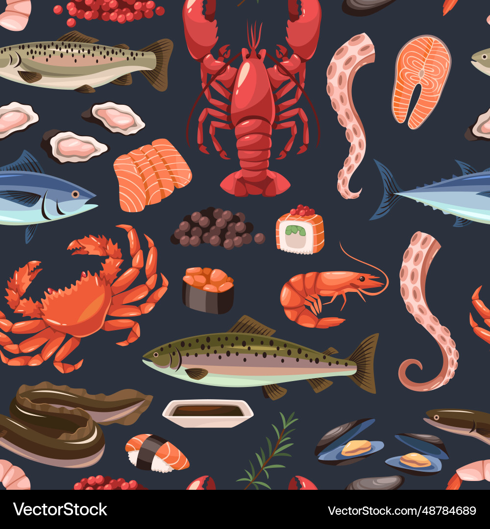 Cartoon sea food seamless pattern fresh Royalty Free Vector