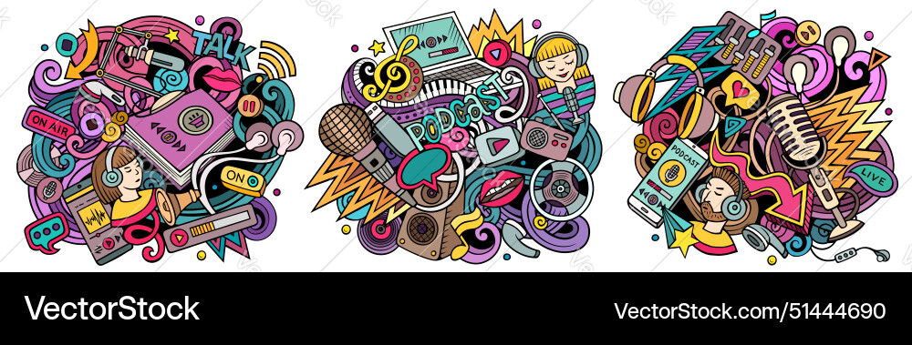 Audio content cartoon doodle designs set Vector Image