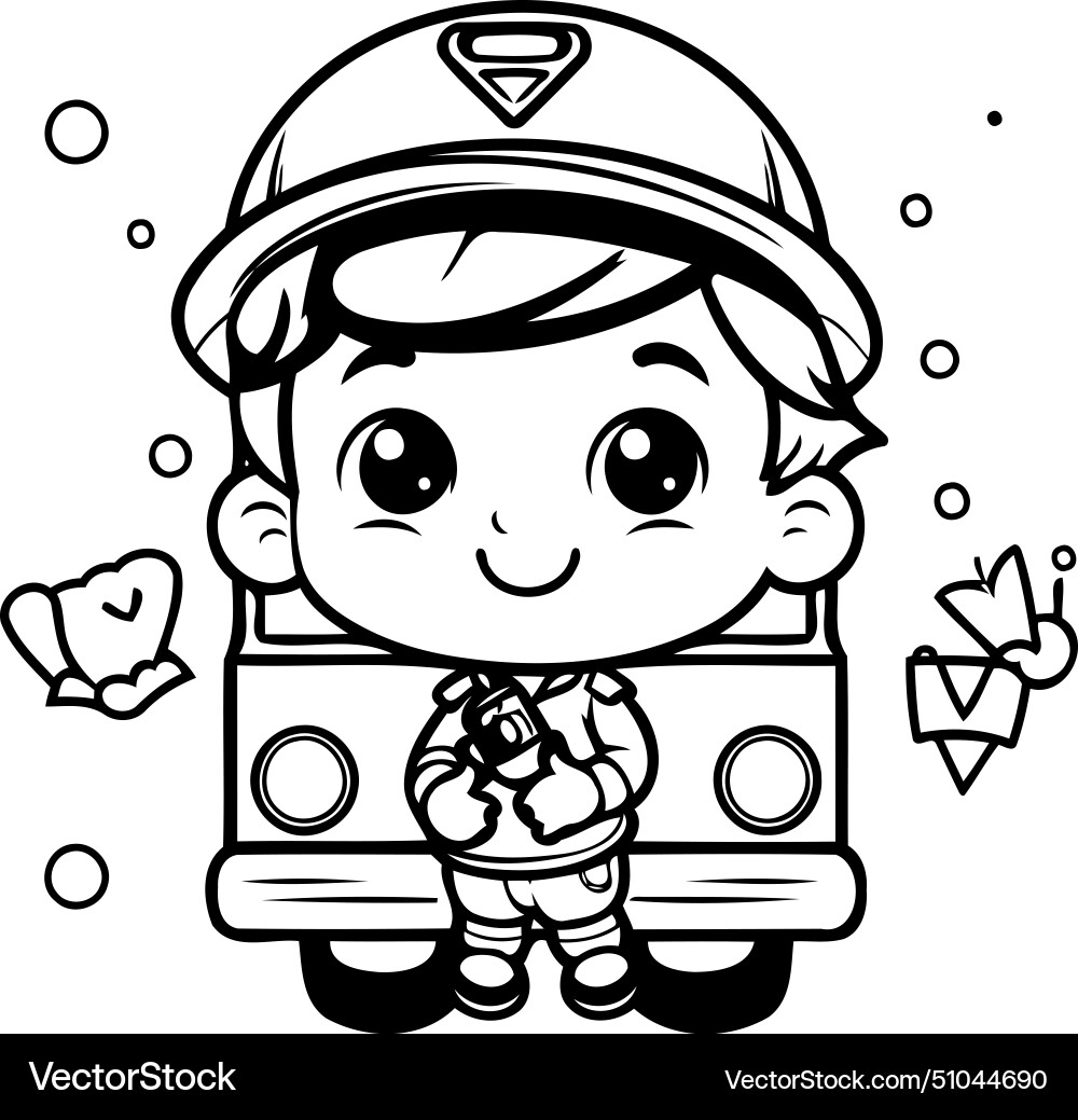 Cute little boy in fireman uniform with fire Vector Image