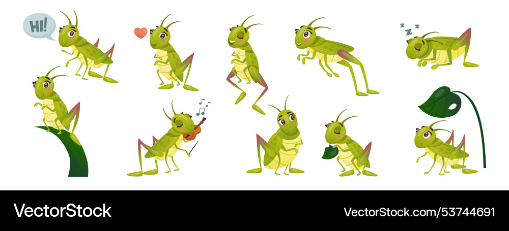 Cartoon insect green cricket character Royalty Free Vector