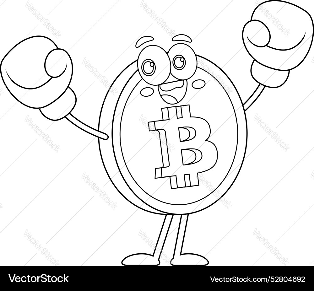 Outlined happy bitcoin cartoon character boxer Vector Image