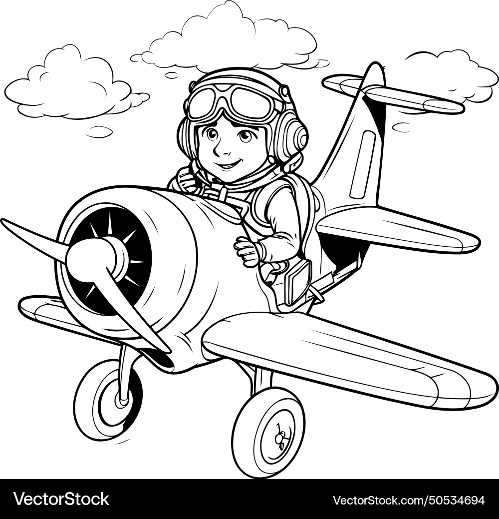 Cartoon pilot with airplane coloring book Vector Image