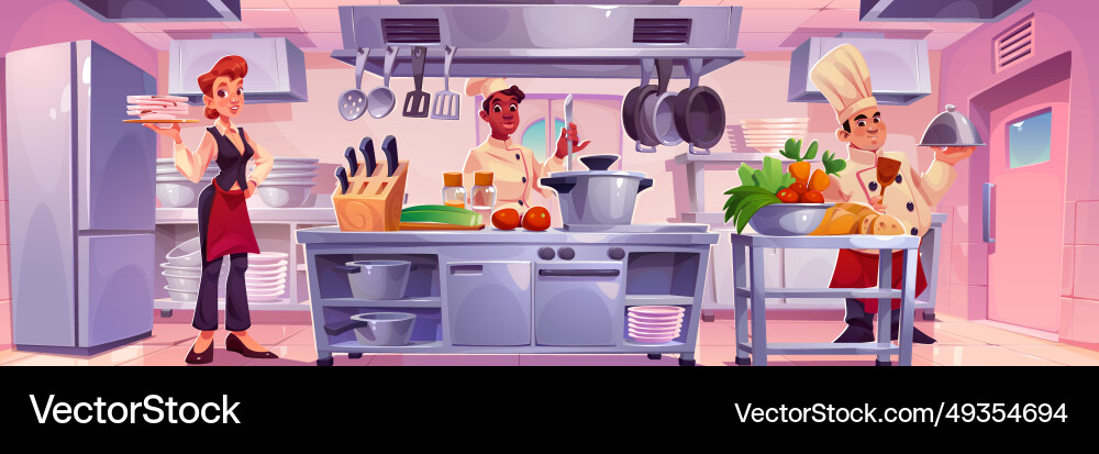Restaurant kitchen interior with chef staff Vector Image