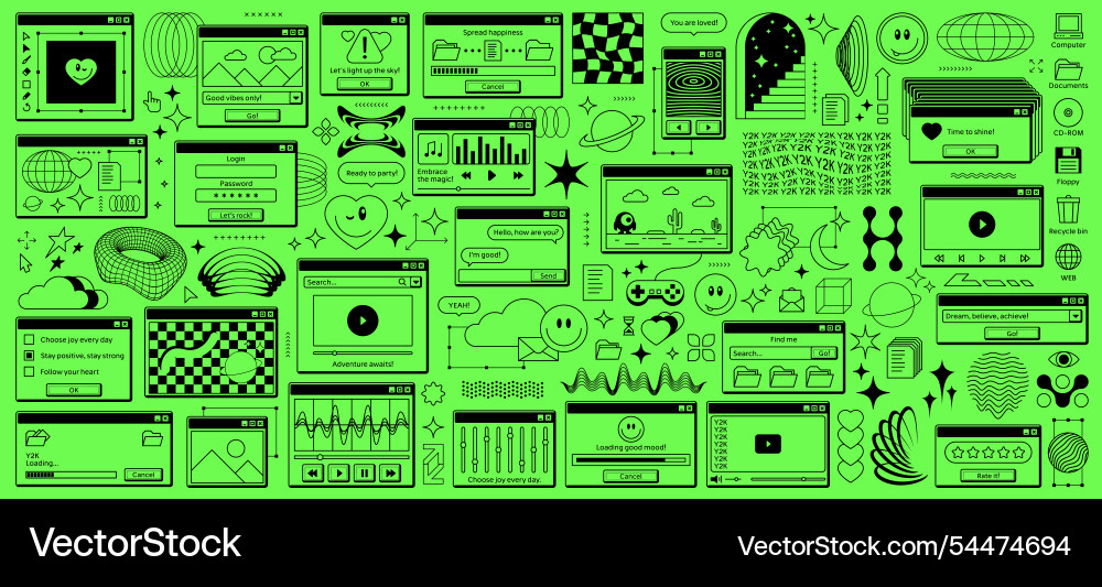Y2k retro computer window stickers browser pages Vector Image