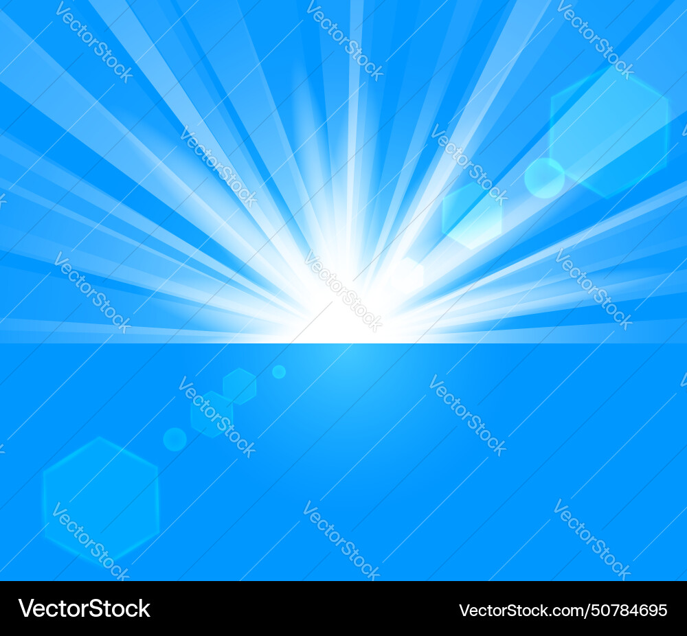 Blue rays rising from horizon in light background Vector Image
