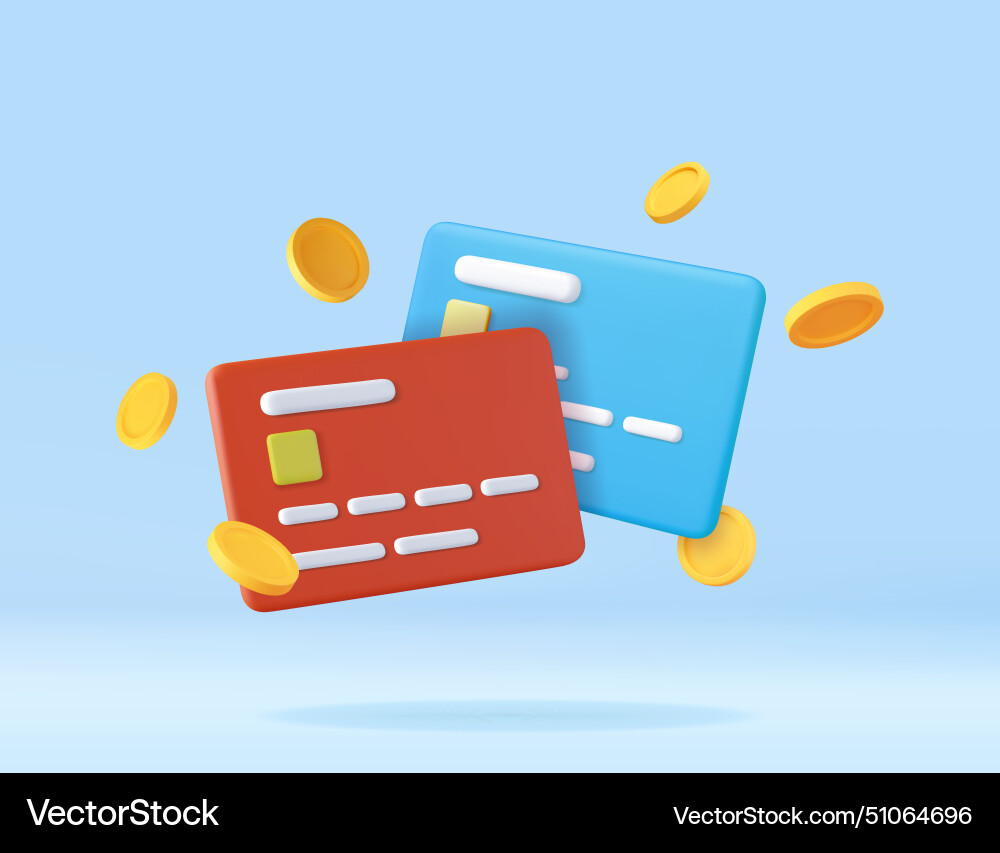 3d credit card floating coins around Royalty Free Vector