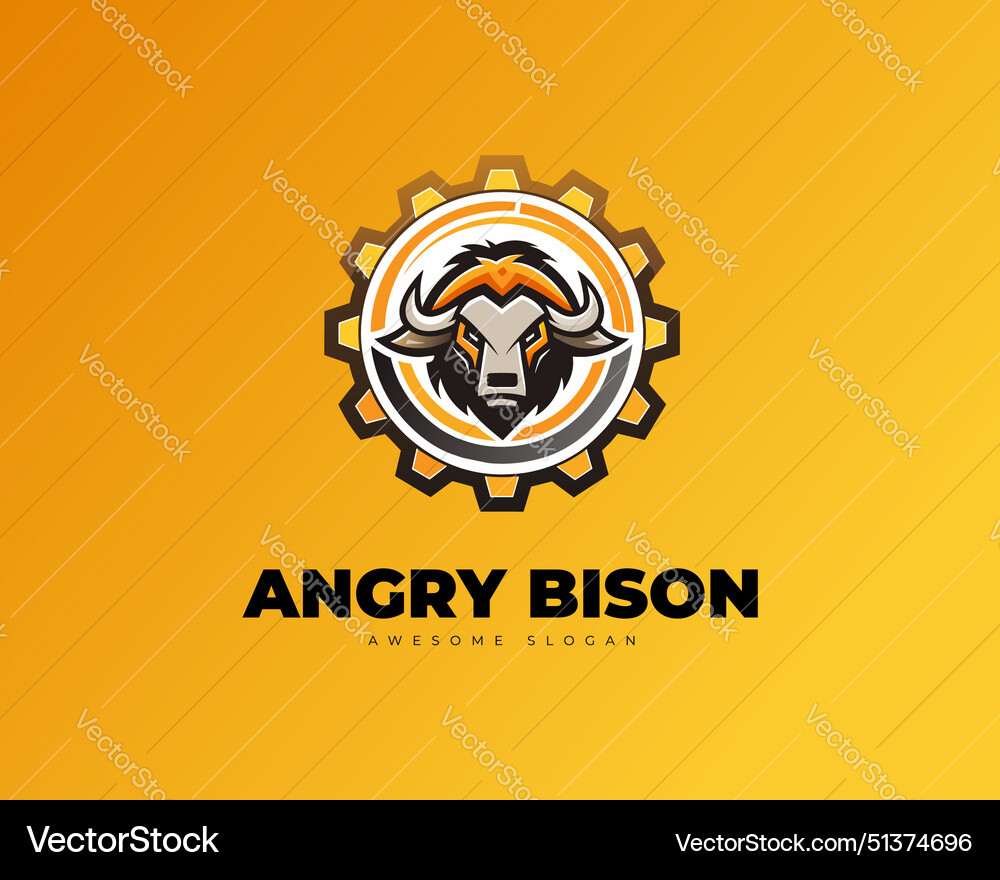 Angry bison head in gear logo template Royalty Free Vector