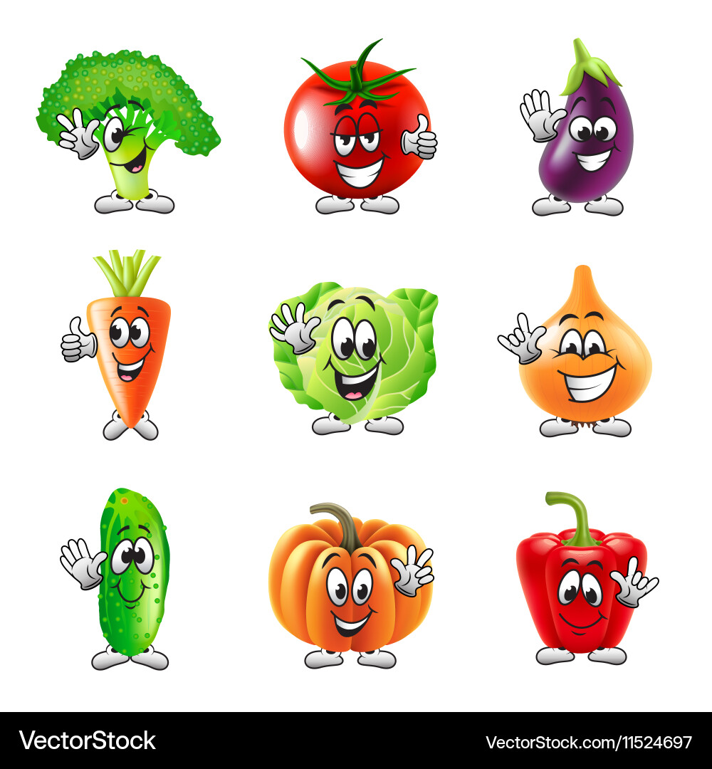 Funny cartoon vegetables icons set Royalty Free Vector Image