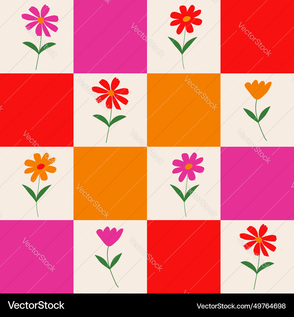 Checkered flowers and tulips seamless pattern Vector Image