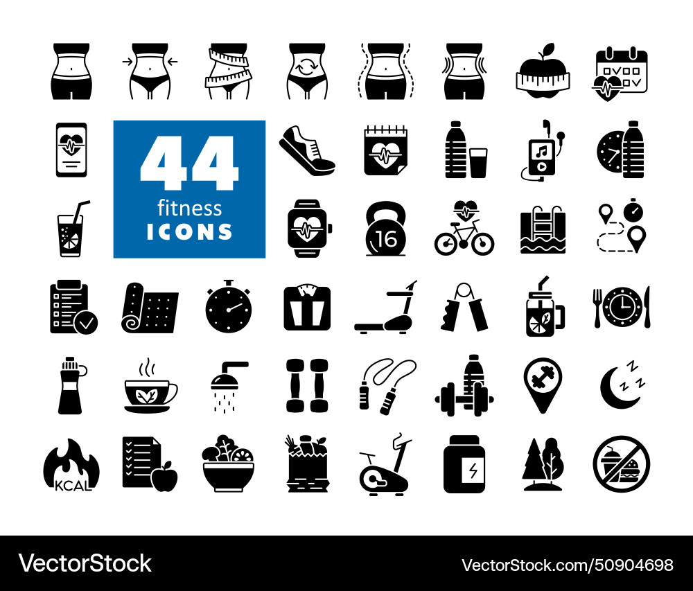 Fitness and health solid icon set Royalty Free Vector Image