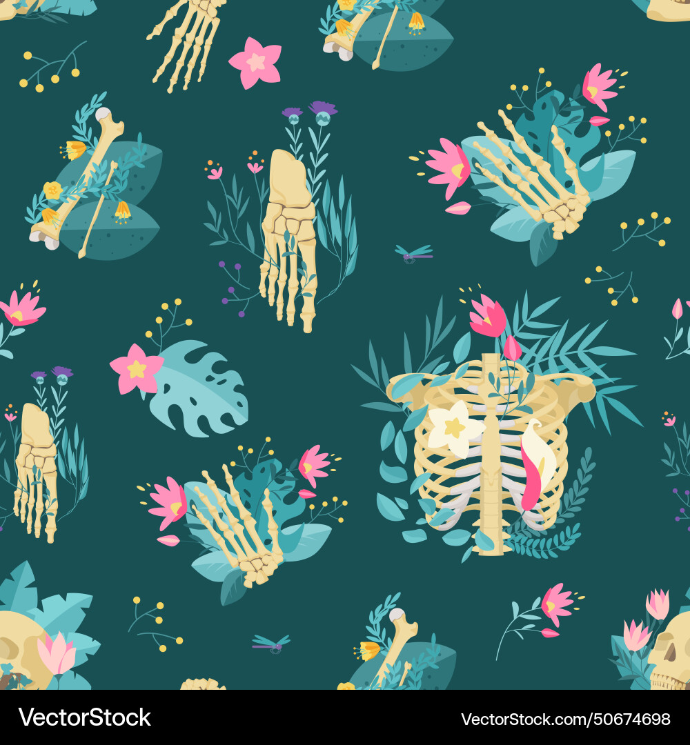 Human skeleton bones in flowers floral seamless Vector Image