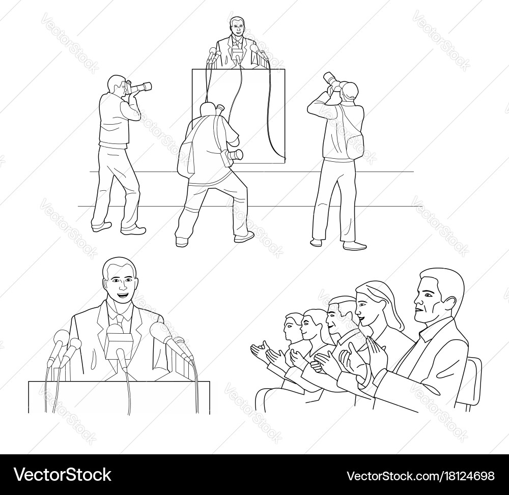 Orator stands behind a podium with microphones Vector Image