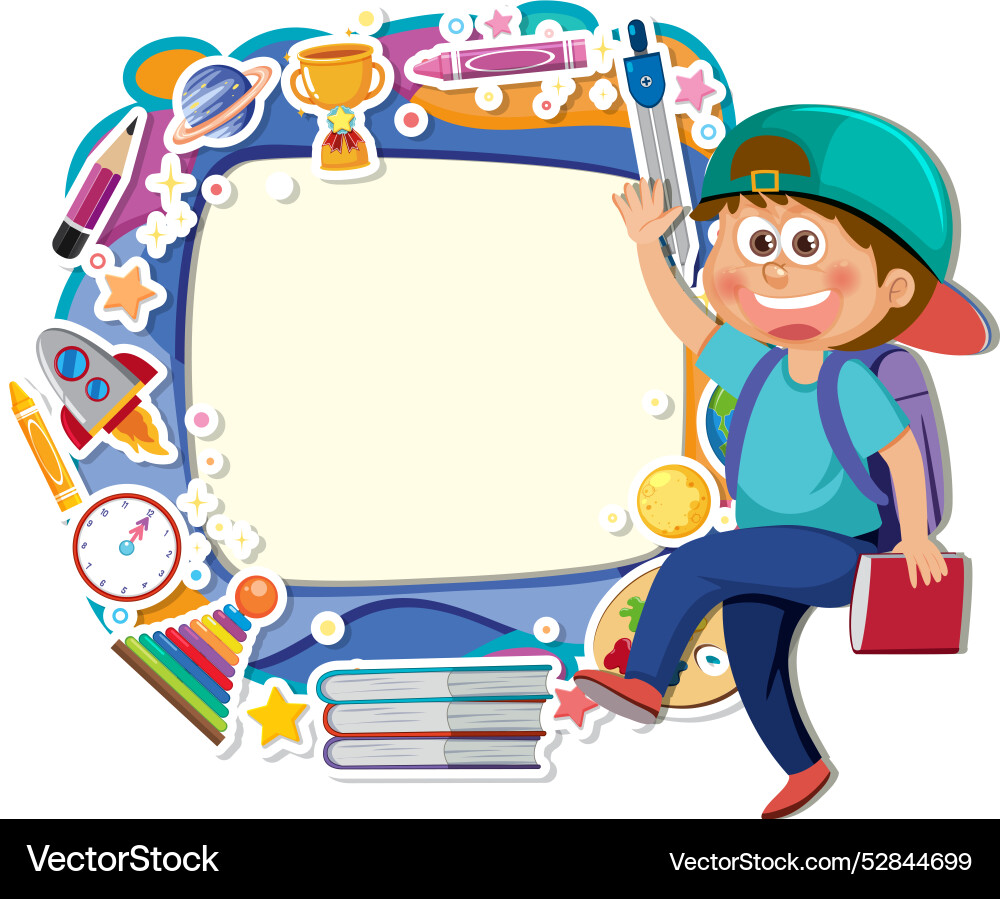 Cheerful student surrounded by school supplies Vector Image
