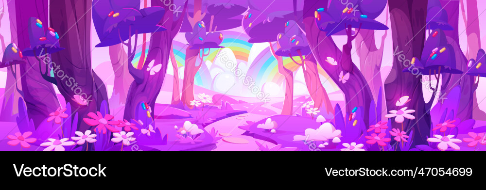 Pink magic forest with rainbow cartoon landscape Vector Image