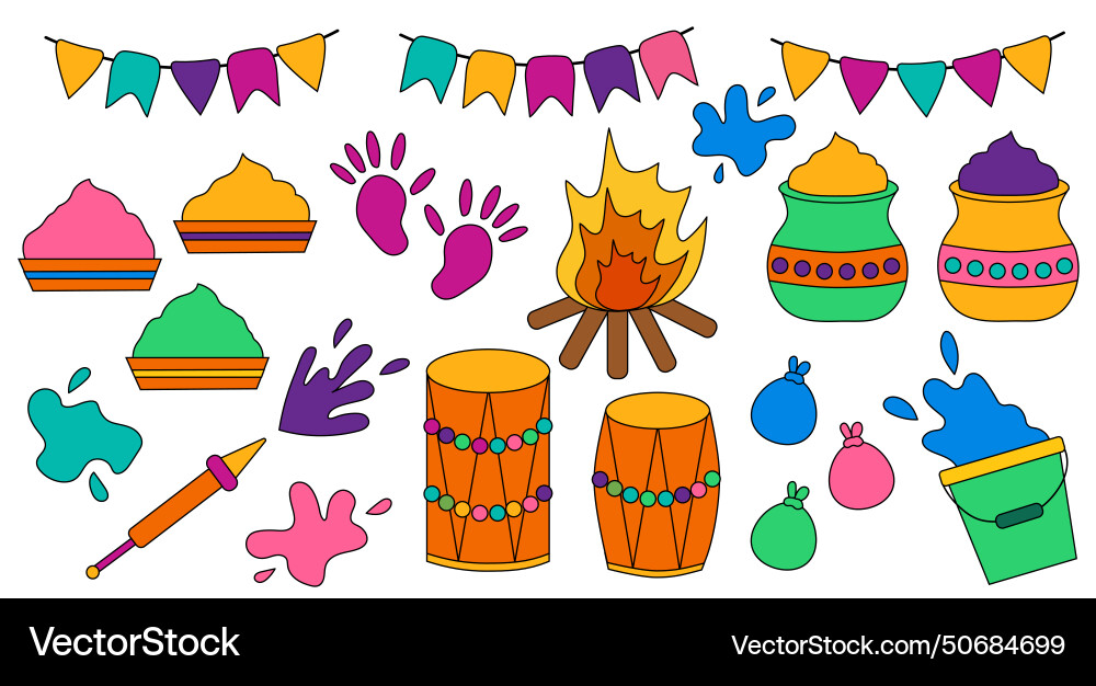 Set of happy holi elements Royalty Free Vector Image