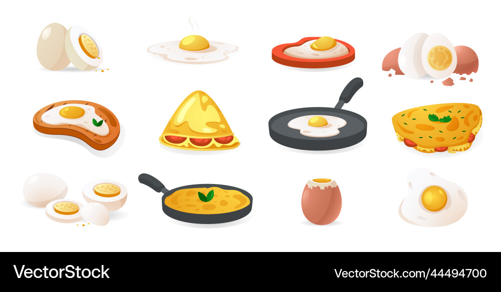 Cooked eggs raw boiled fried stuffed baked meal Vector Image