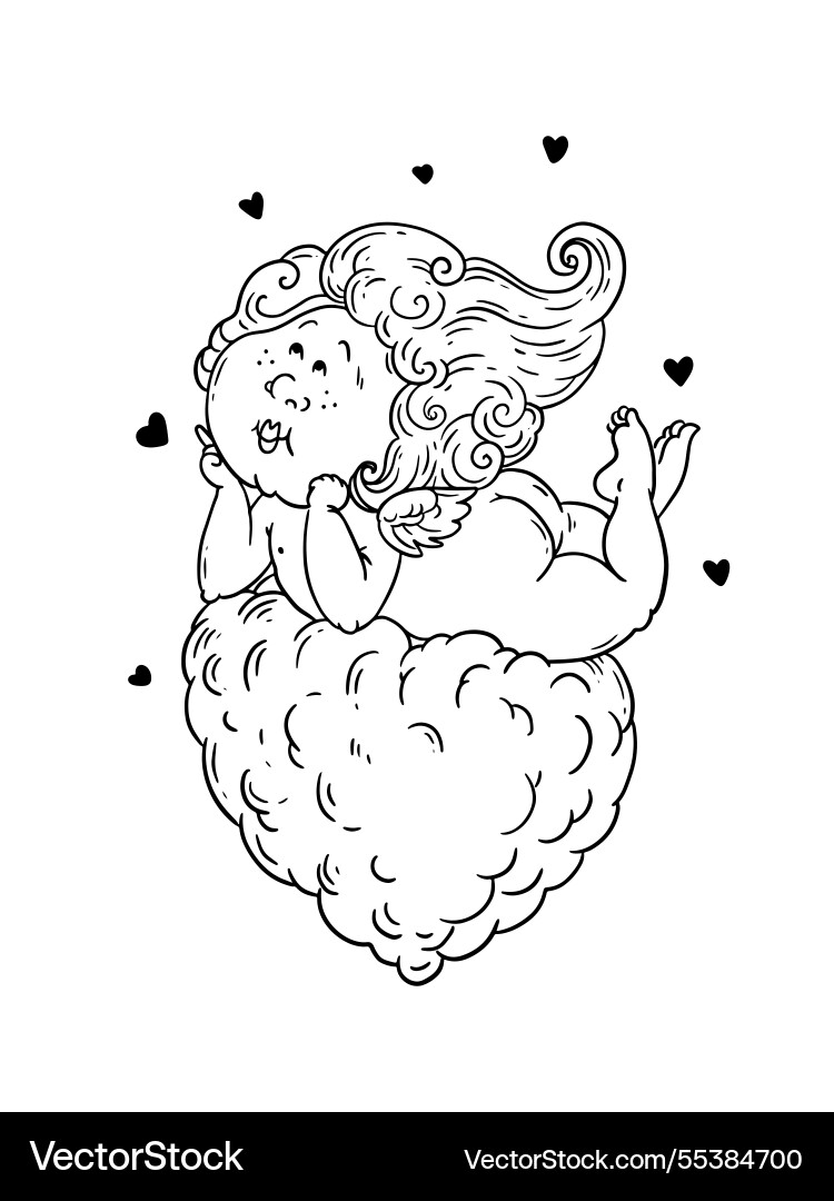 Cute cartoon outline cupid on cloud Royalty Free Vector