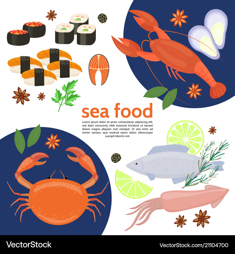 Flat natural sea food template Royalty Free Vector Image