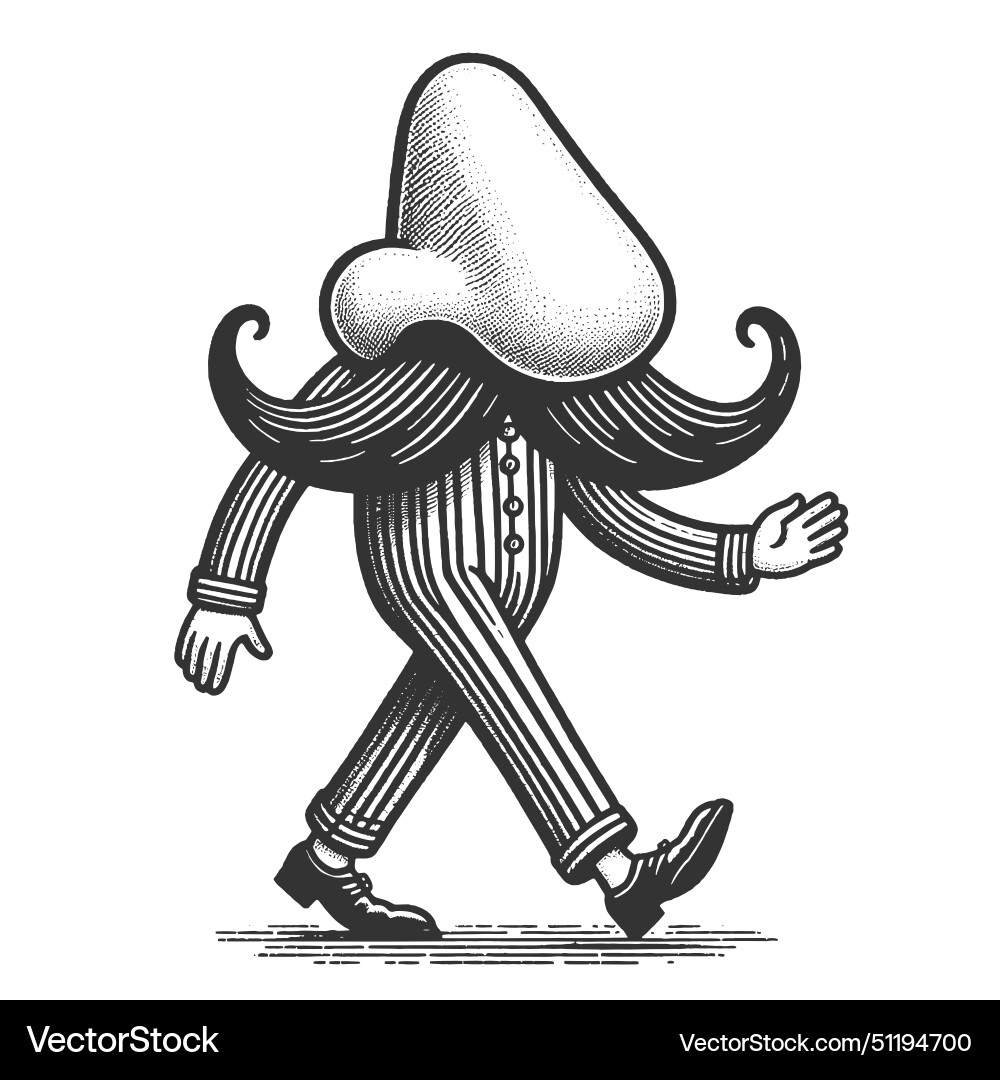 Walking nose with mustache engraving Royalty Free Vector