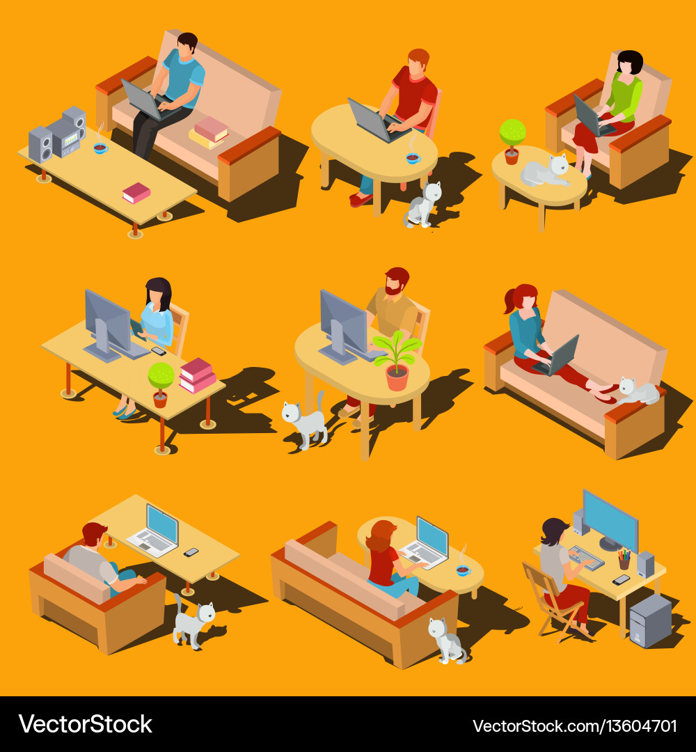 Isometric Icons: People Working From Home Vector Image