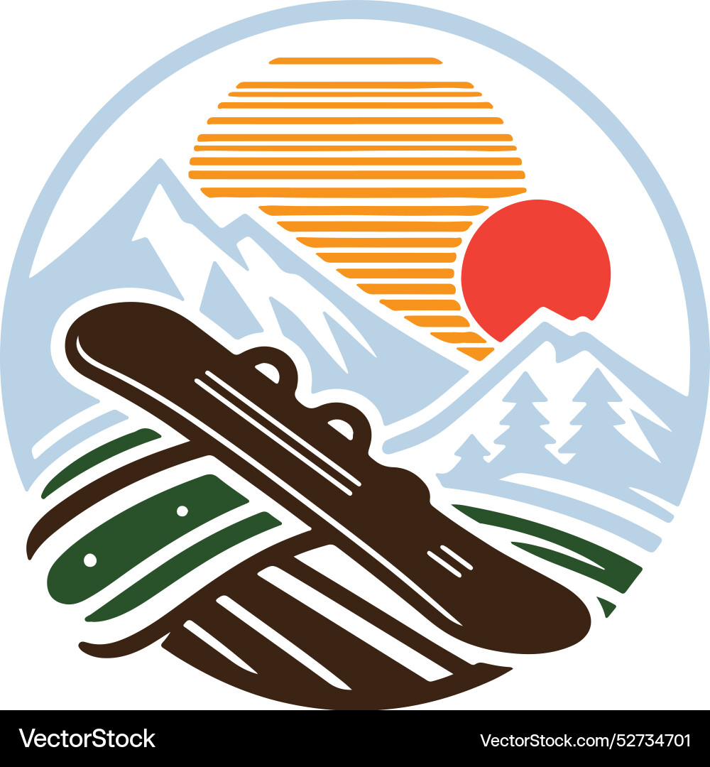 Mountain and snowboard with pine trees Royalty Free Vector
