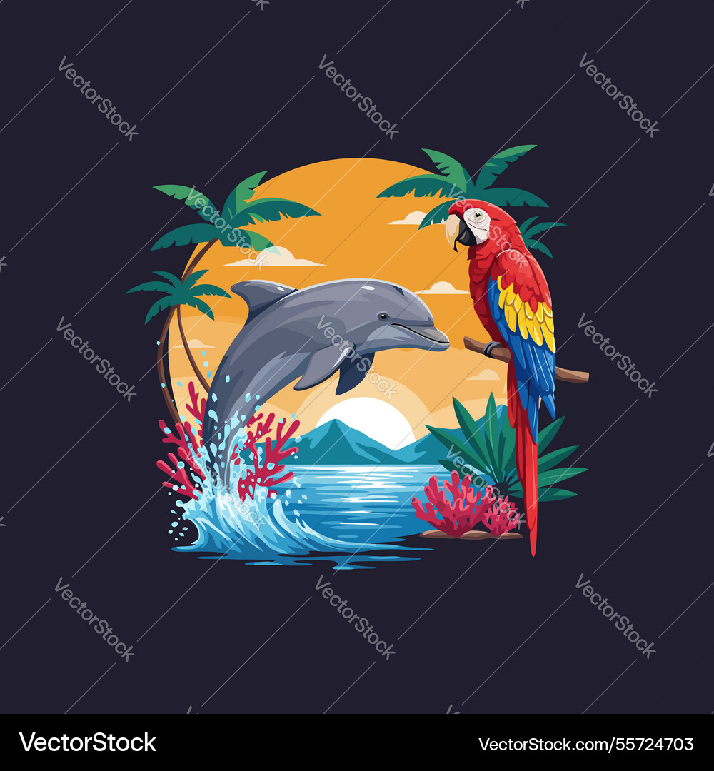 Dolphin jumping with parrot perched in tropical – Royalty-Free Vector ...