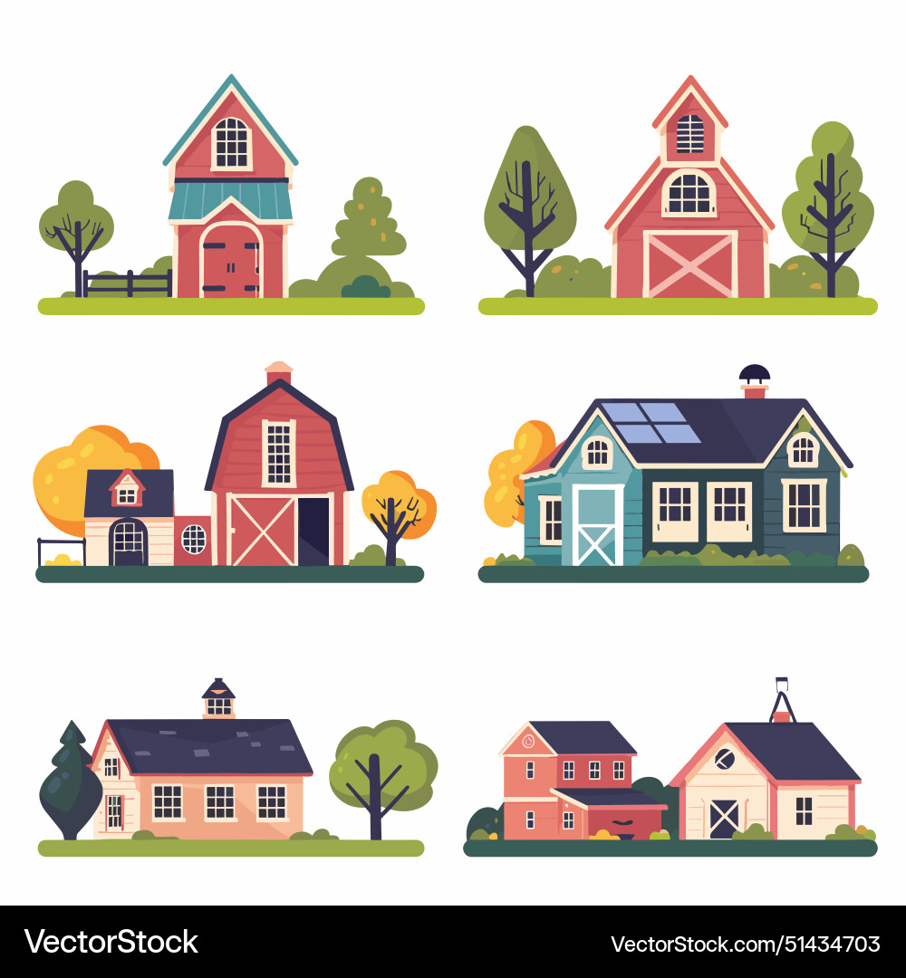 Six cartoon houses surrounded nature elements Vector Image