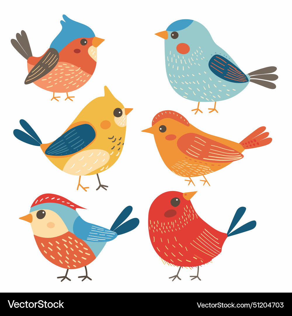 Six stylized birds exhibiting variety colors Vector Image