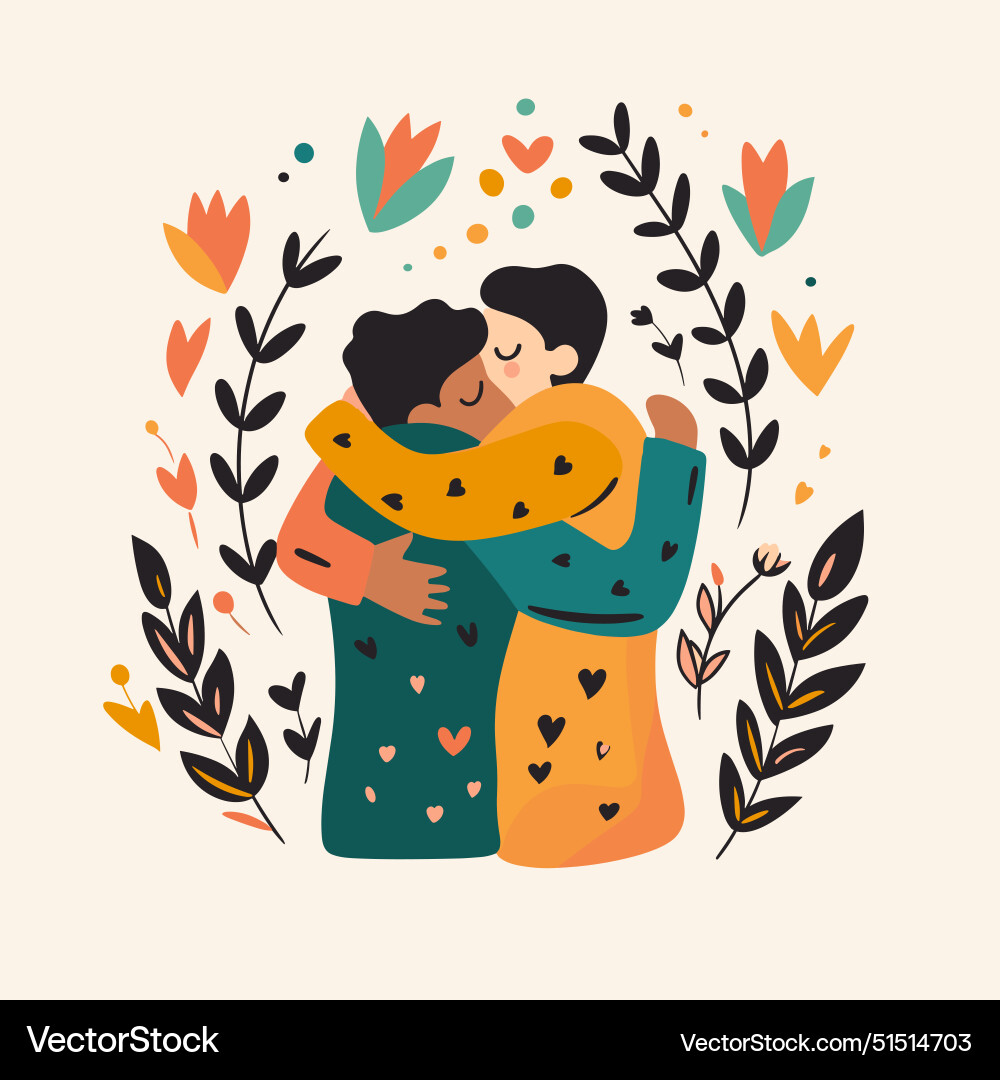 Two people embracing surrounded decorative floral Vector Image