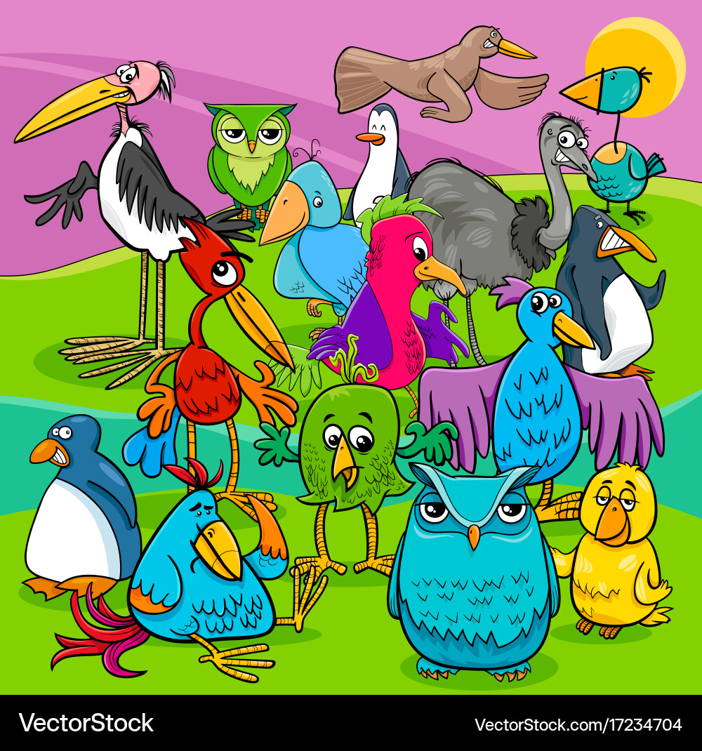 Bird characters group cartoon Royalty Free Vector Image