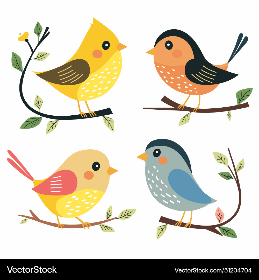 Four cartoon birds perched branches leaves – Royalty-Free Vector ...