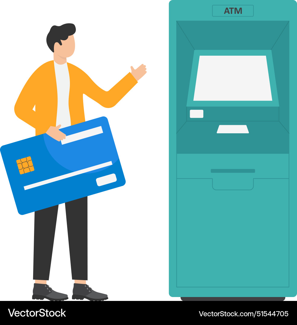Customer standing near an atm machine and holding Vector Image