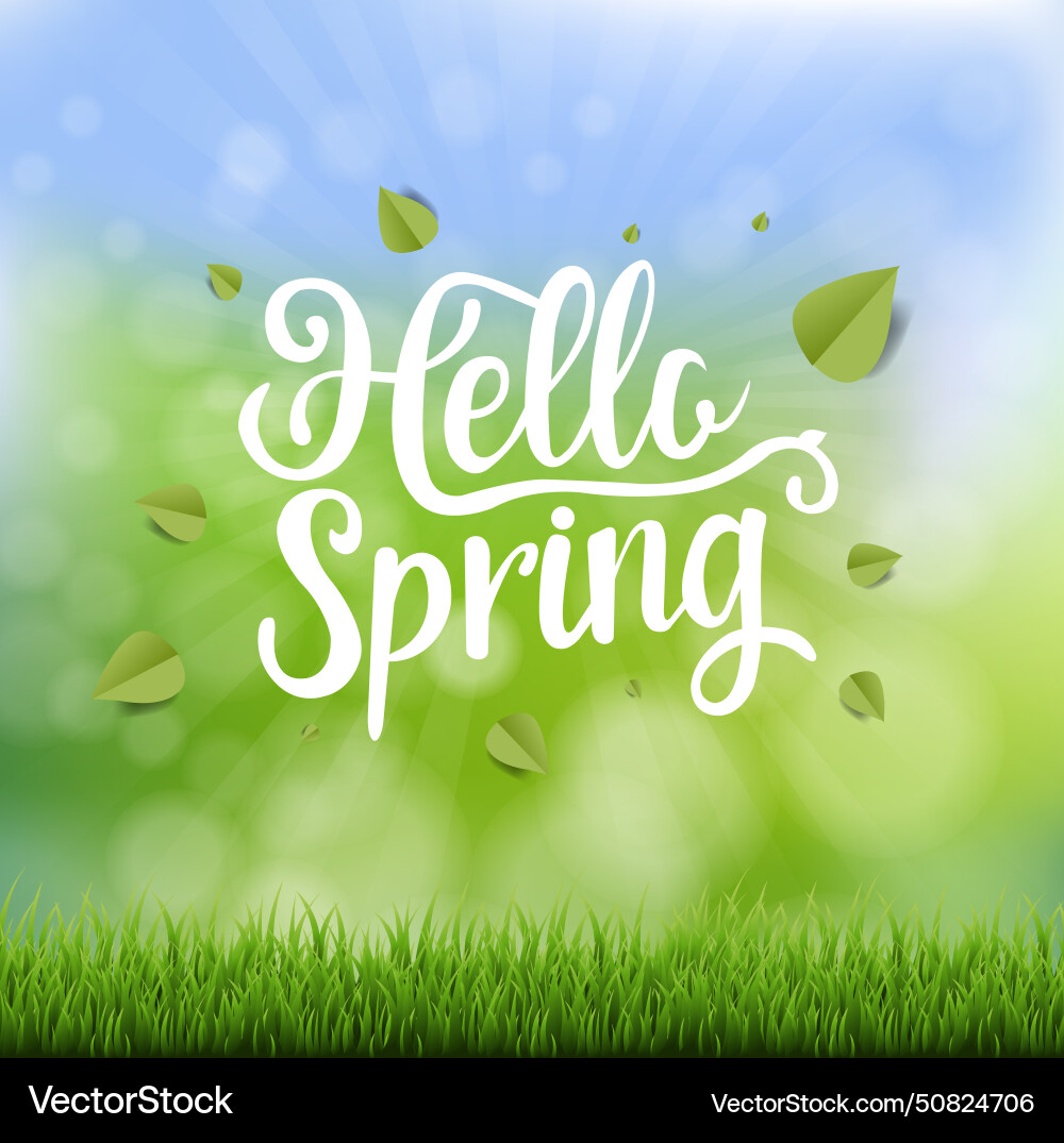 Hello spring text banner with grass Royalty Free Vector