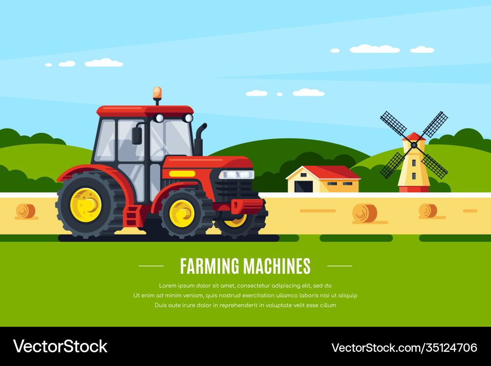Modern tractor in field flat style Royalty Free Vector Image