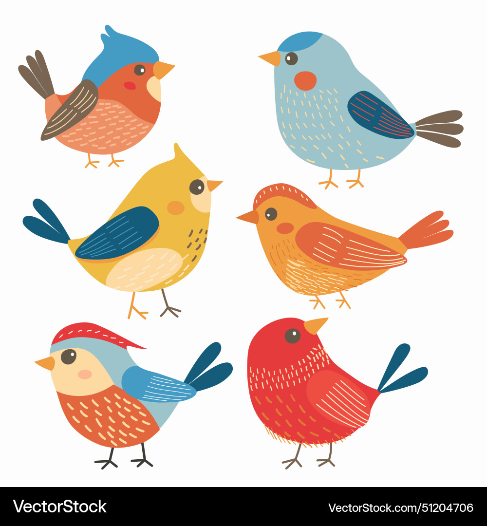 Six colorful cartoon birds against Royalty Free Vector Image