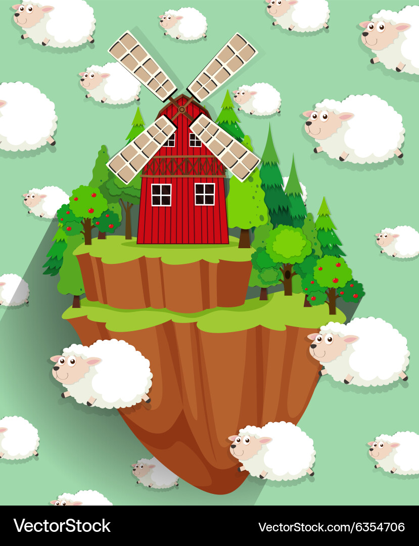 Windmill on the farmland and sheep background Vector Image
