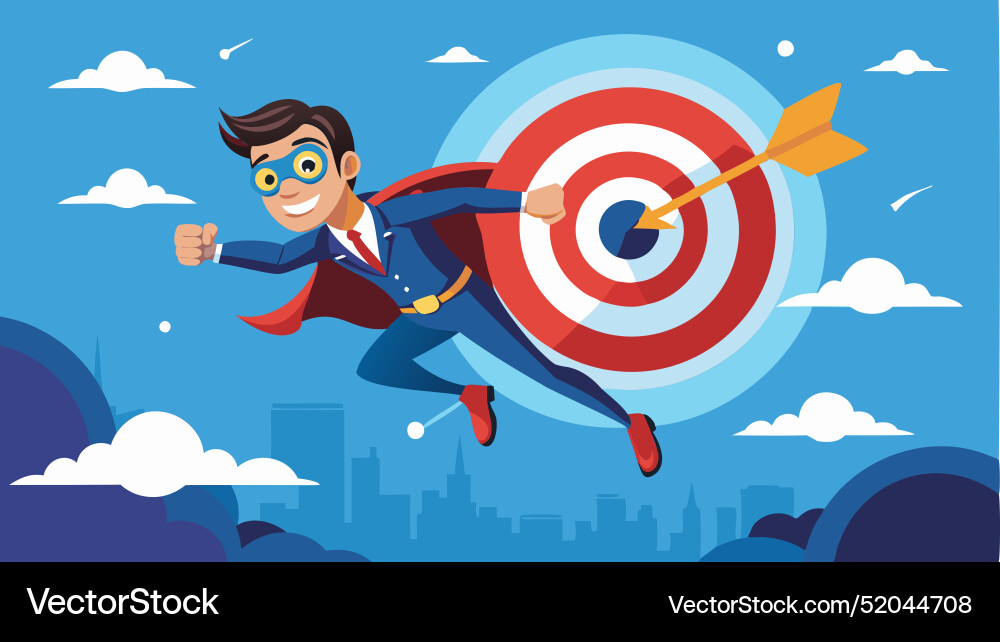 Superhero businessman hitting bullseye target Vector Image