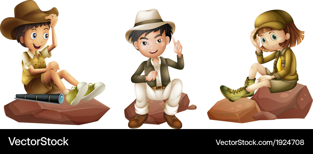Three young explorers Royalty Free Vector Image