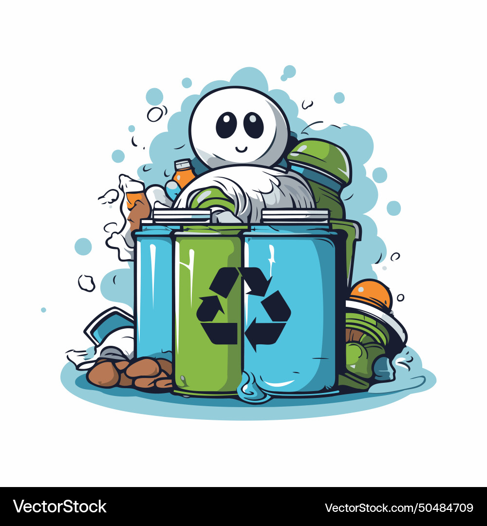 Cute ghost cartoon with trash can and garbage Vector Image