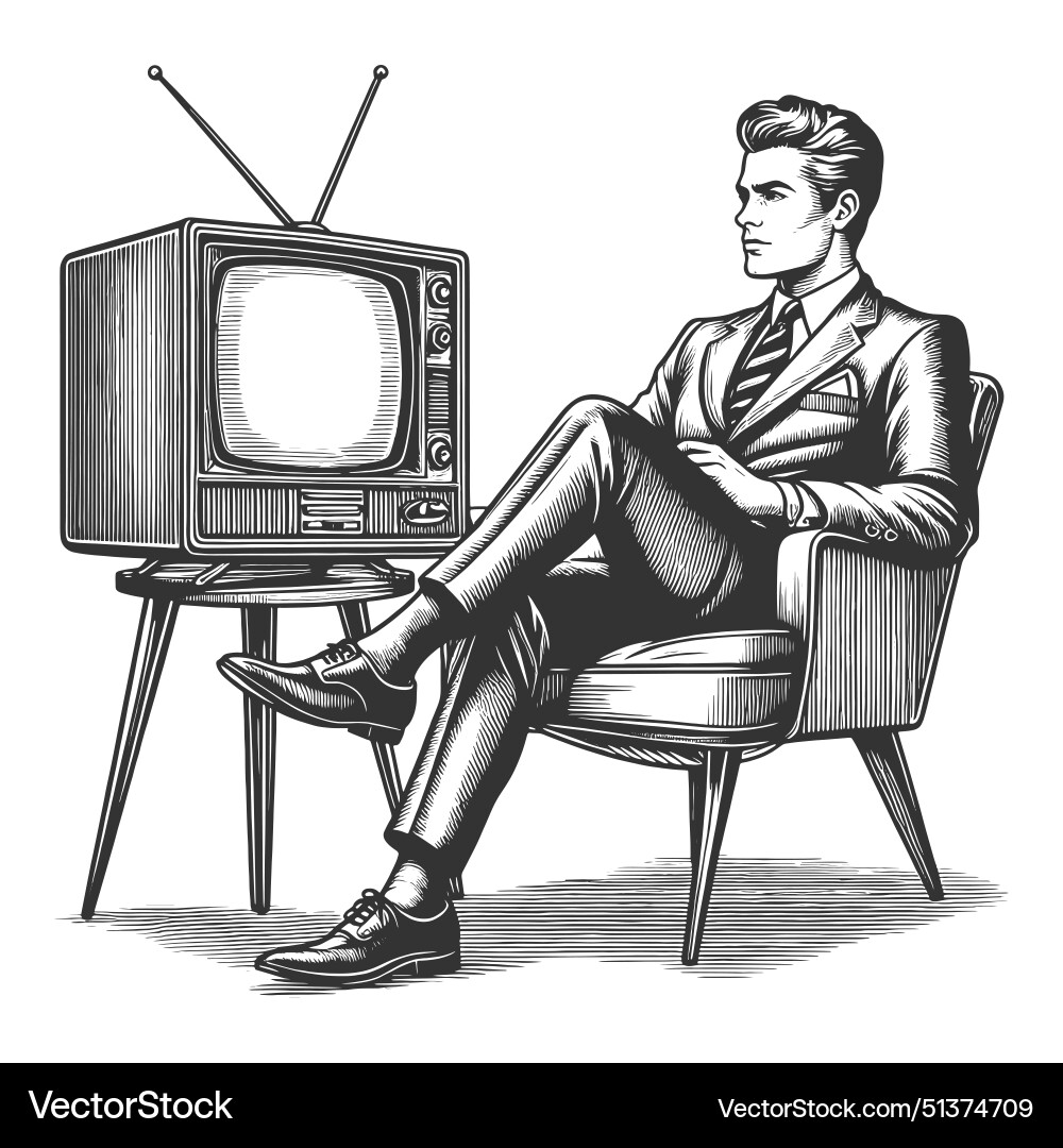 Man watching retro television Royalty Free Vector Image