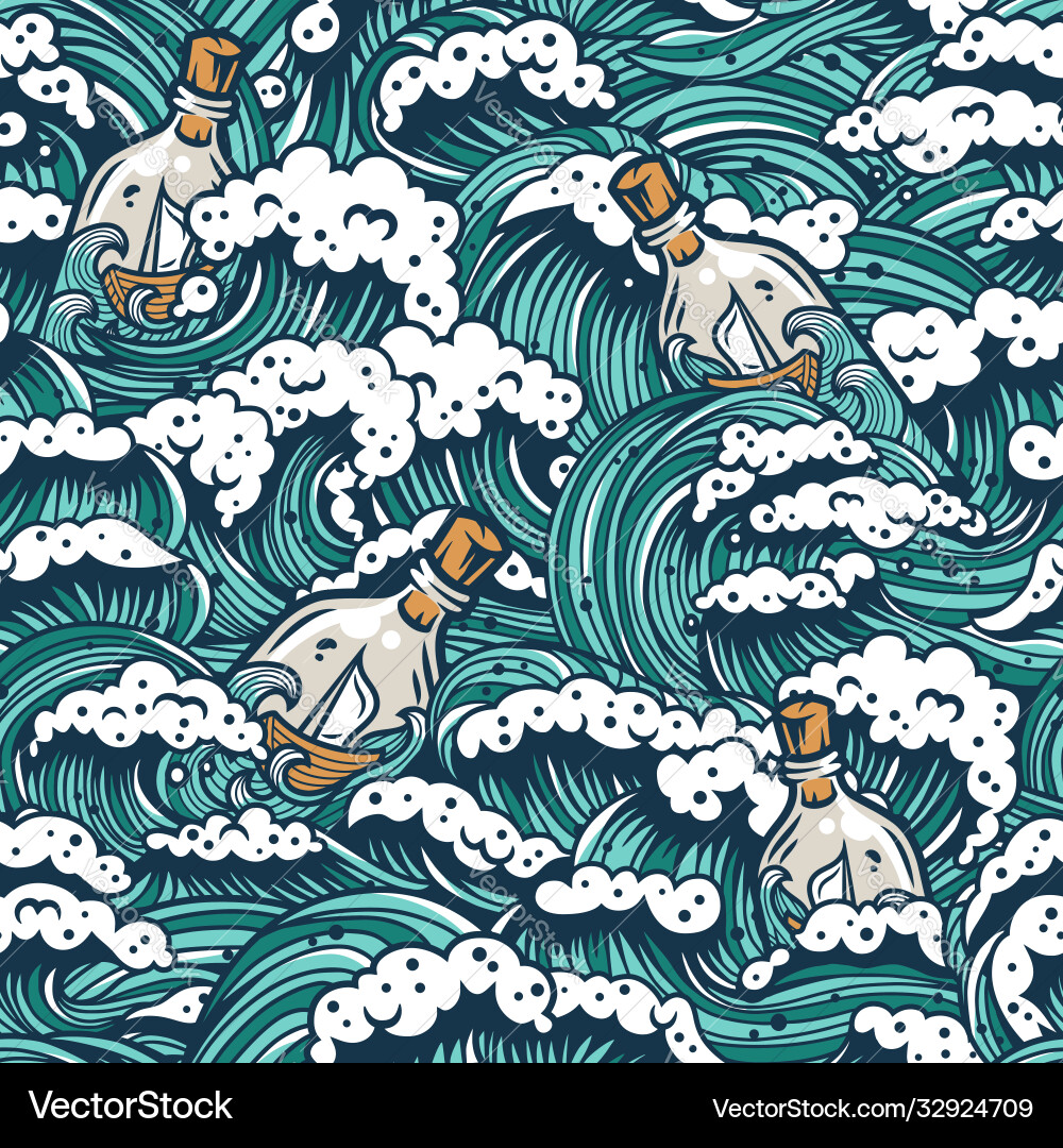 Pattern wich sea wave and boat for marine design Vector Image