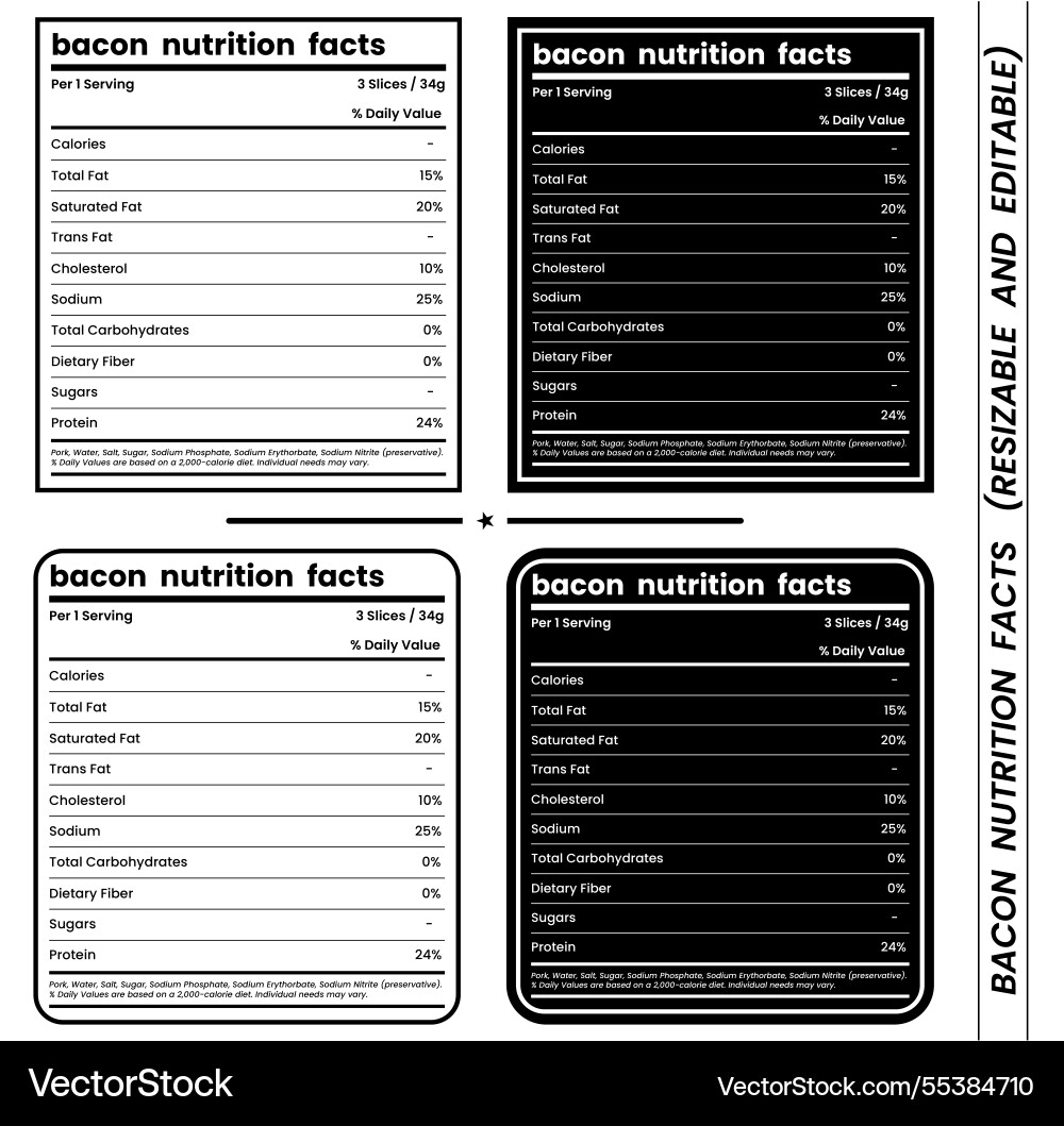Bacon nutrition facts calories Royalty Free Vector Image