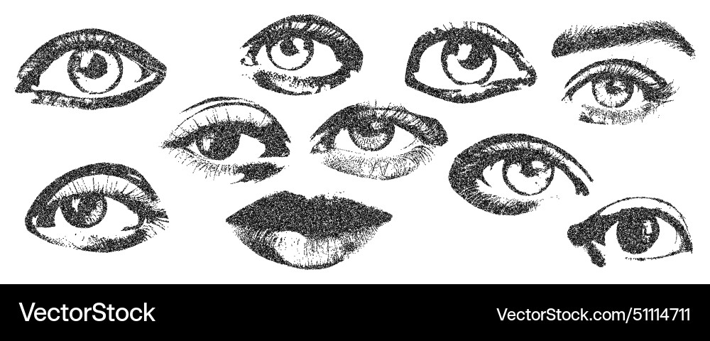 Eyes and lips with monochrome halftone stipple Vector Image