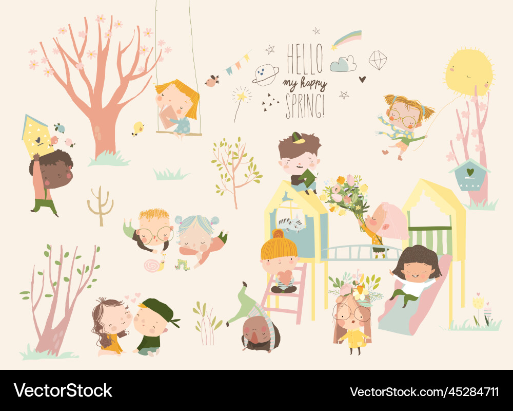 Happy Kids Playing in Spring Park Royalty Free Vector Image