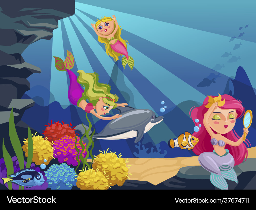 Mermaid underwater cartoon ocean deep world Vector Image