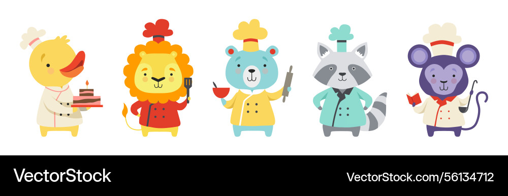 Cute animal chef characters in uniform cooking Vector Image