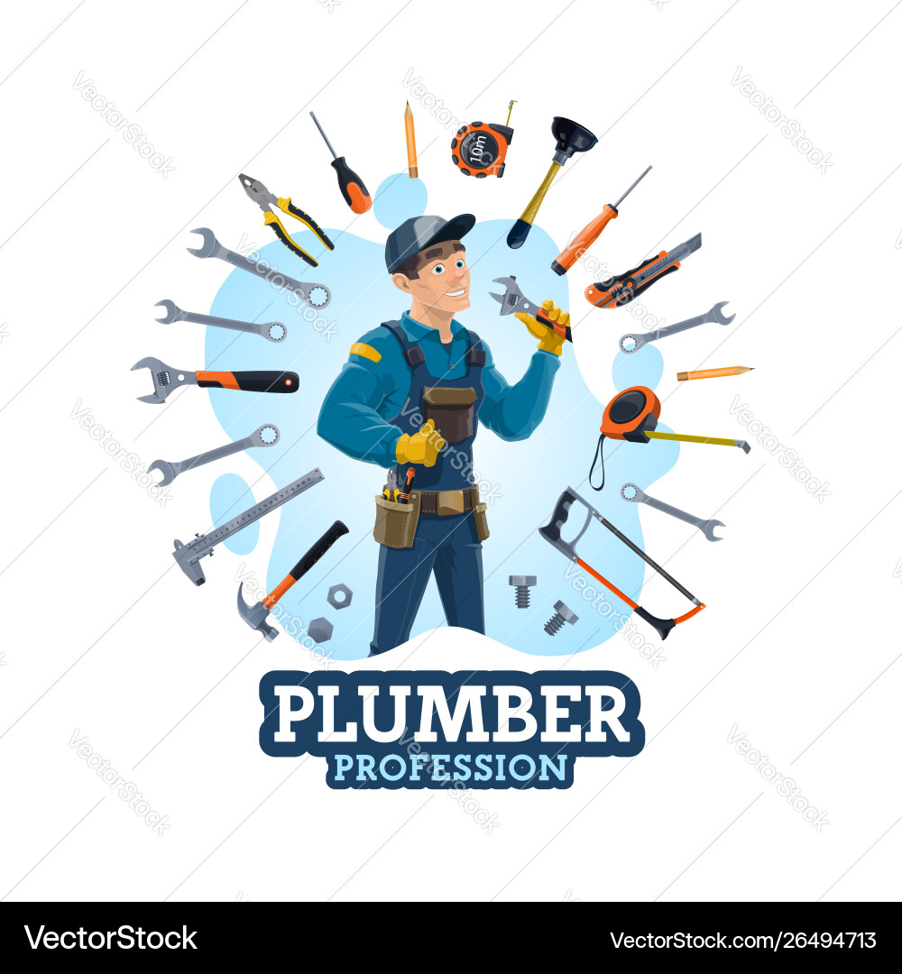 Plumbing work tools and man plumber profession Vector Image