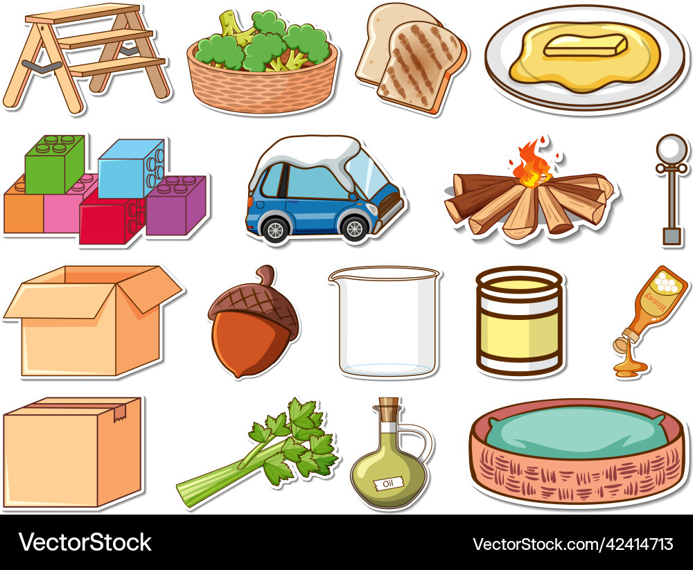 Sticker set of mixed daily objects Royalty Free Vector Image