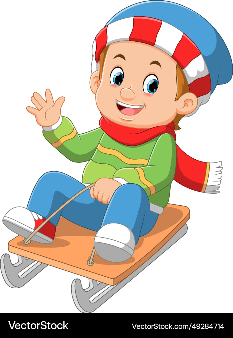 Cartoon little boy sledding down a hill Royalty Free Vector